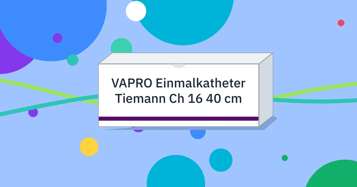 Symbolbild: Packung mit der Aufschrift VAPRO Einmalkatheter Tiemann Ch 16 40 cm (PZN 13751239) – Verfügbarkeit und Bezug in Apotheken in Frankfurt am Main