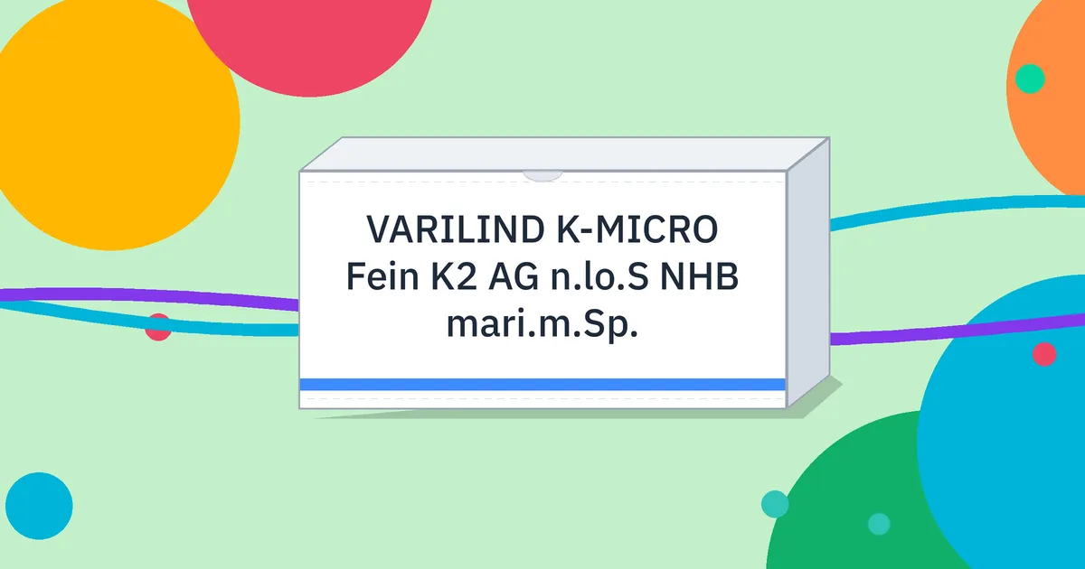 Symbolbild: Packung mit der Aufschrift VARILIND K-MICRO Fein K2 AG n.lo.S NHB mari.m.Sp. (PZN 20556171) – Verfügbarkeit und Bezug in Apotheken in Frankfurt am Main
