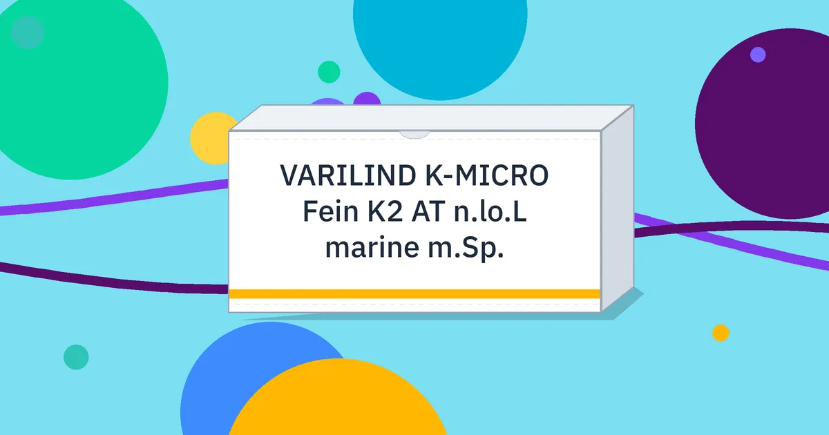 Symbolbild: Packung mit der Aufschrift VARILIND K-MICRO Fein K2 AT n.lo.L marine m.Sp. (PZN 20553379) – Verfügbarkeit und Bezug in Apotheken in Frankfurt am Main