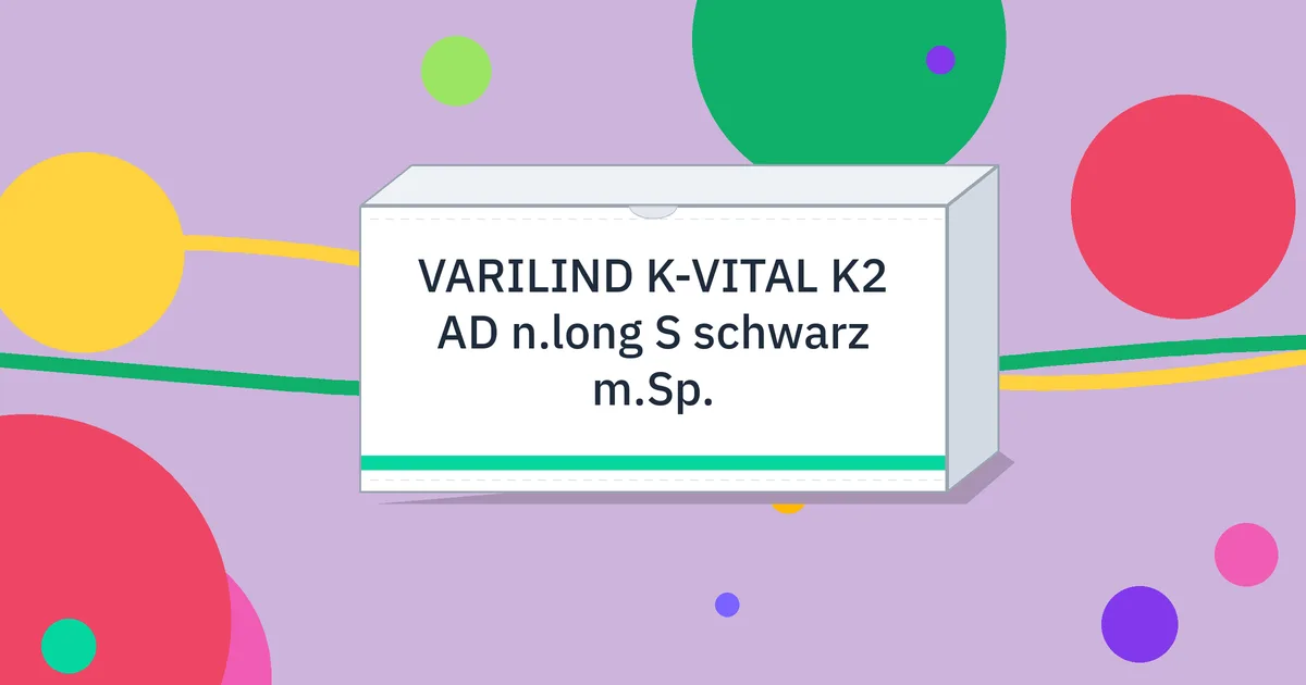 Symbolbild: Packung mit der Aufschrift VARILIND K-VITAL K2 AD n.long S schwarz m.Sp. (PZN 20568180) – Verfügbarkeit und Bezug in Apotheken in Frankfurt am Main