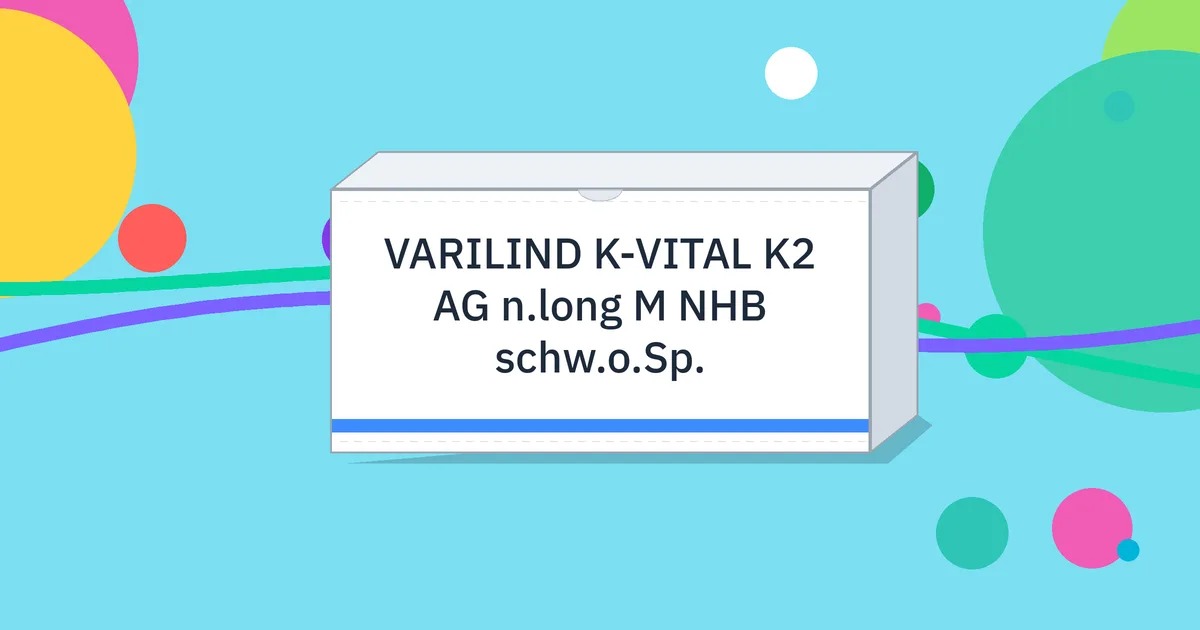 Symbolbild: Packung mit der Aufschrift VARILIND K-VITAL K2 AG n.long M NHB schw.o.Sp. (PZN 20565230) – Verfügbarkeit und Bezug in Apotheken in Frankfurt am Main