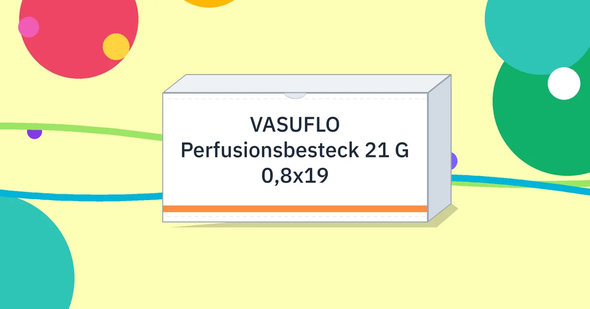 Symbolbild: Packung mit der Aufschrift VASUFLO Perfusionsbesteck 21 G 0,8x19 (PZN 03043369) – Verfügbarkeit und Bezug in Apotheken in Frankfurt am Main