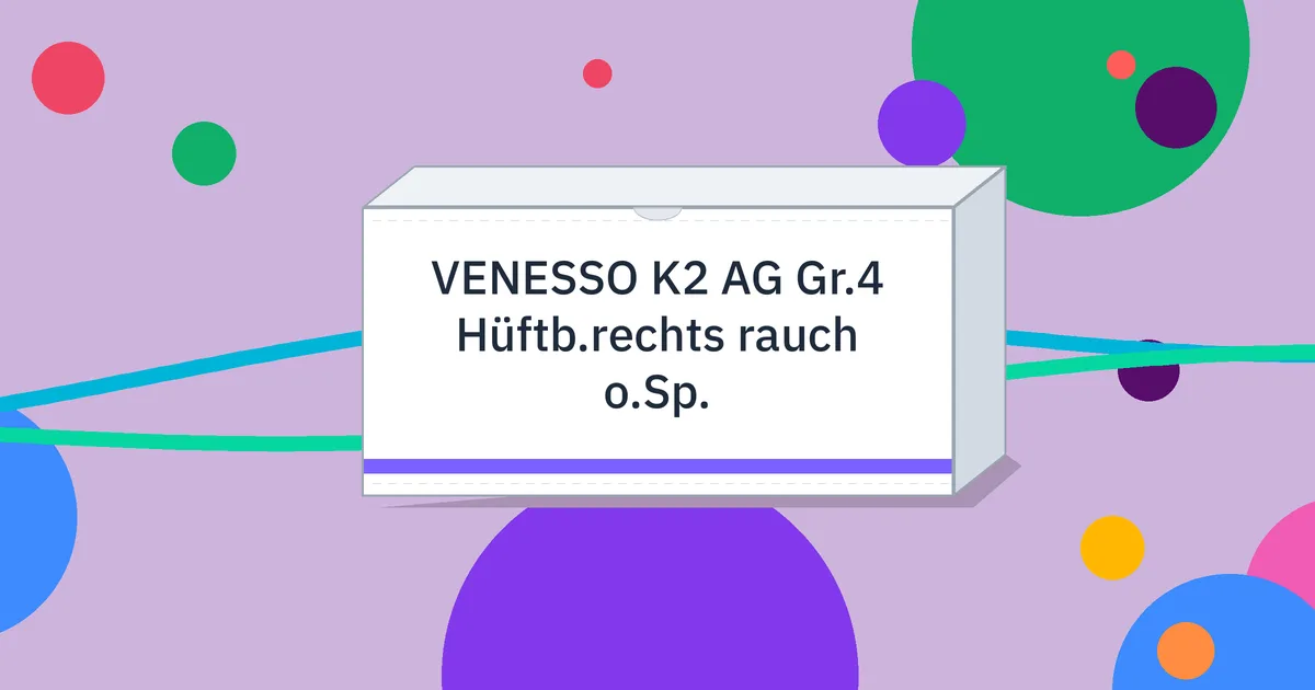 Symbolbild: Packung mit der Aufschrift VENESSO K2 AG Gr.4 Hüftb.rechts rauch o.Sp. (PZN 03271946) – Verfügbarkeit und Bezug in Apotheken in Frankfurt am Main