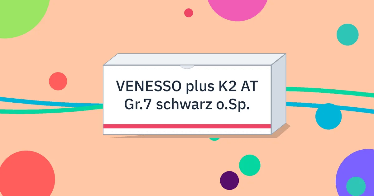 Symbolbild: Packung mit der Aufschrift VENESSO plus K2 AT Gr.7 schwarz o.Sp. (PZN 03288929) – Verfügbarkeit und Bezug in Apotheken in Frankfurt am Main