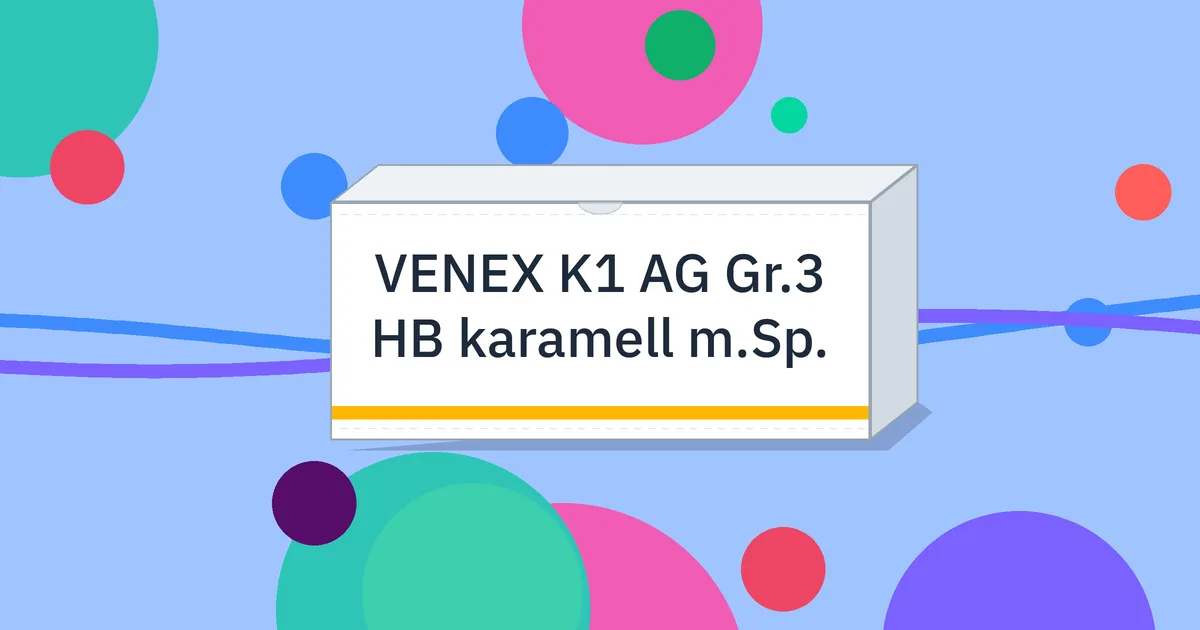 Symbolbild: Packung mit der Aufschrift VENEX K1 AG Gr.3 HB karamell m.Sp. (PZN 13757561) – Verfügbarkeit und Bezug in Apotheken in Frankfurt am Main