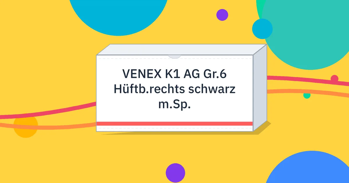Symbolbild: Packung mit der Aufschrift VENEX K1 AG Gr.6 Hüftb.rechts schwarz m.Sp. (PZN 03204453) – Verfügbarkeit und Bezug in Apotheken in Frankfurt am Main