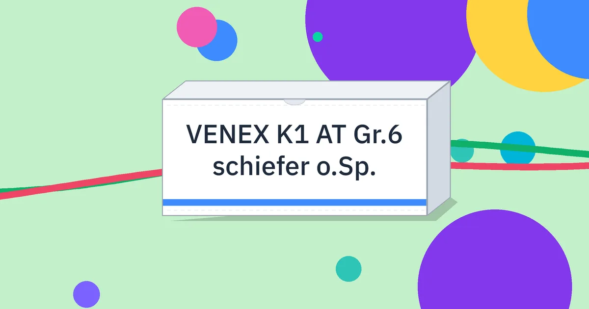 Symbolbild: Packung mit der Aufschrift VENEX K1 AT Gr.6 schiefer o.Sp. (PZN 03198273) – Verfügbarkeit und Bezug in Apotheken in Frankfurt am Main