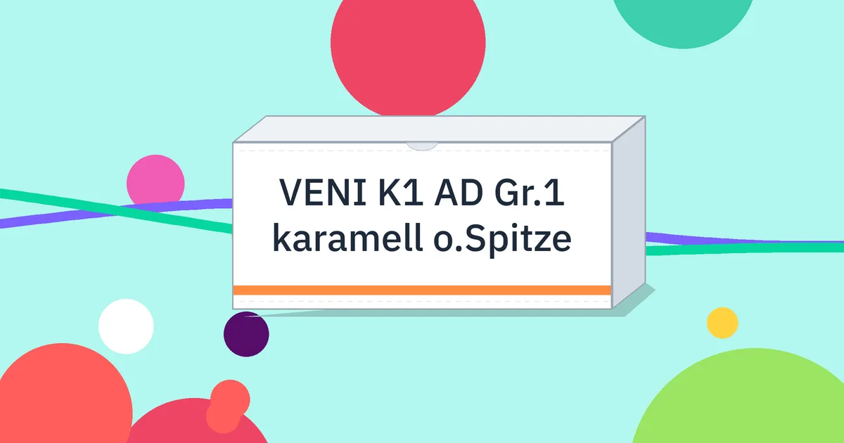 Symbolbild: Packung mit der Aufschrift VENI K1 AD Gr.1 karamell o.Spitze (PZN 13756099) – Verfügbarkeit und Bezug in Apotheken in Frankfurt am Main