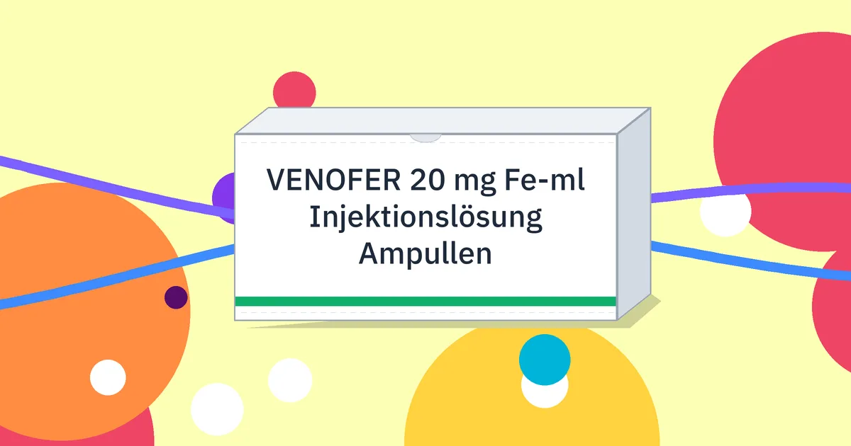 Symbolbild: Packung mit der Aufschrift VENOFER 20 mg Fe-ml Injektionslösung Ampullen (PZN 09063700) – Verfügbarkeit und Bezug in Apotheken in Frankfurt am Main