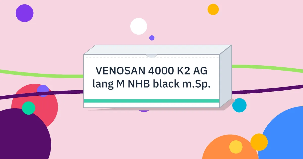 Symbolbild: Packung mit der Aufschrift VENOSAN 4000 K2 AG lang M NHB black m.Sp. (PZN 14427802) – Verfügbarkeit und Bezug in Apotheken in Frankfurt am Main