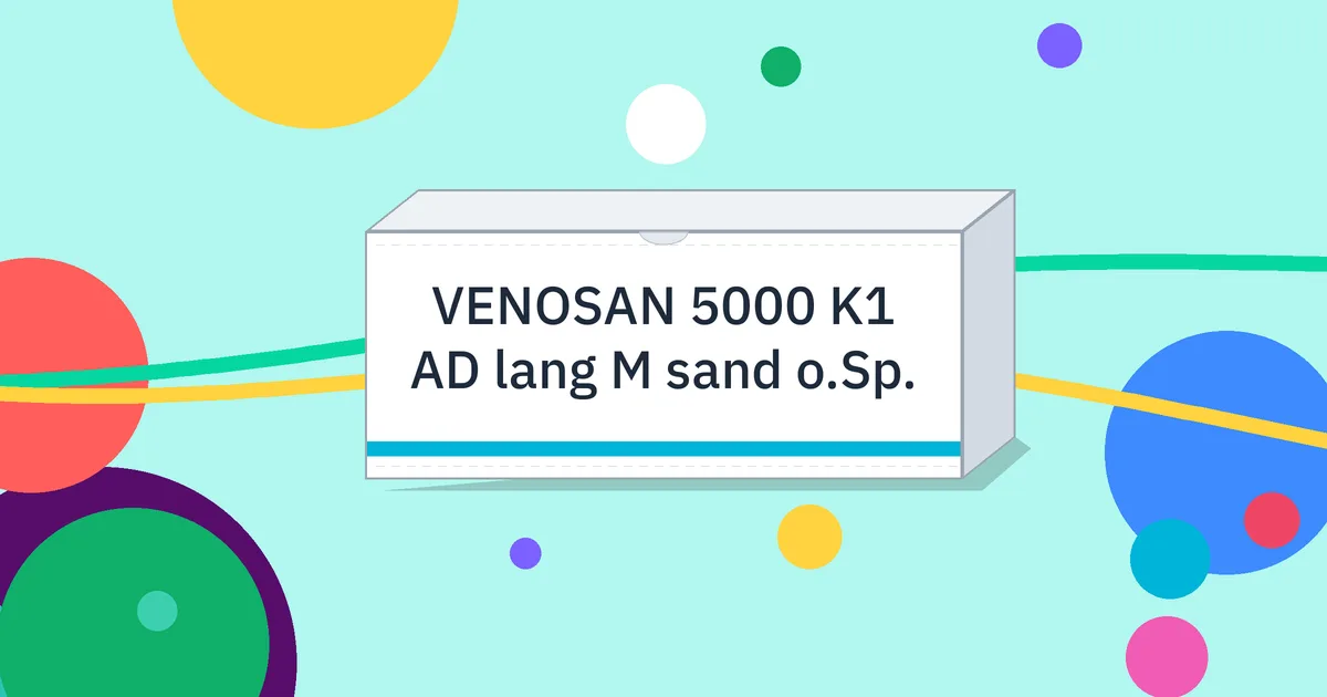 Symbolbild: Packung mit der Aufschrift VENOSAN 5000 K1 AD lang M sand o.Sp. (PZN 14428003) – Verfügbarkeit und Bezug in Apotheken in Frankfurt am Main