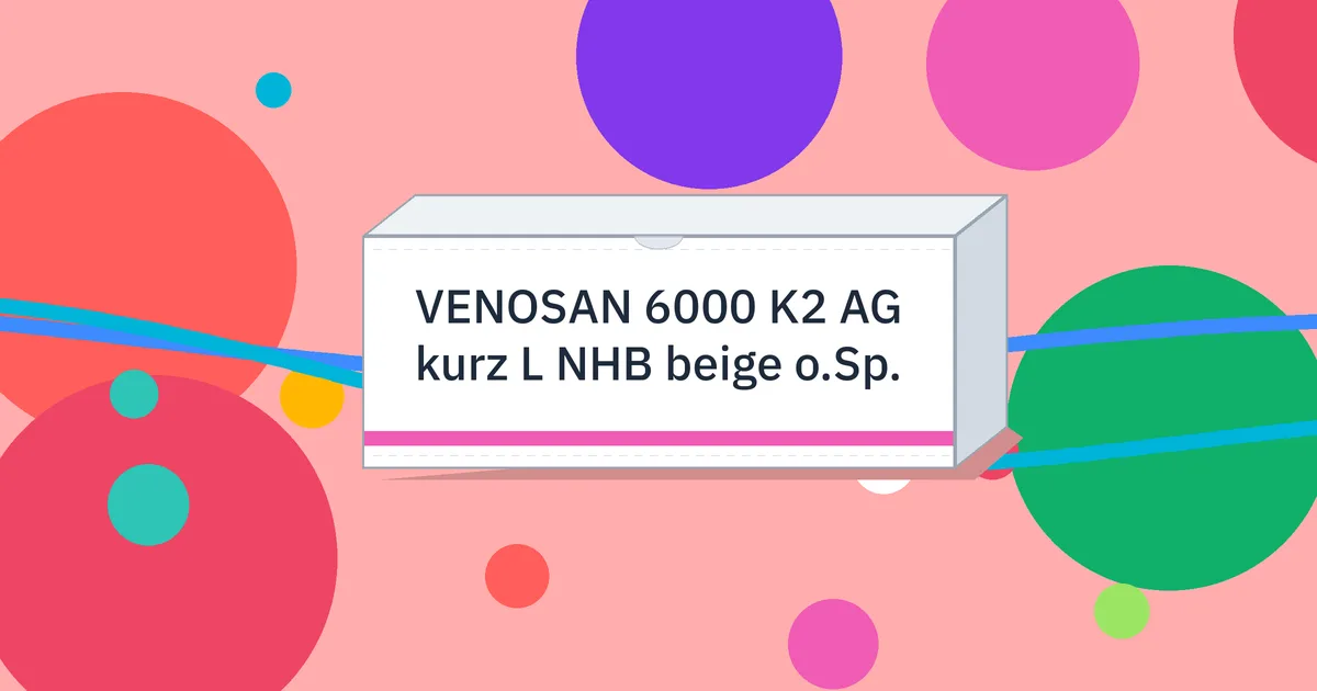 Symbolbild: Packung mit der Aufschrift VENOSAN 6000 K2 AG kurz L NHB beige o.Sp. (PZN 17172722) – Verfügbarkeit und Bezug in Apotheken in Frankfurt am Main