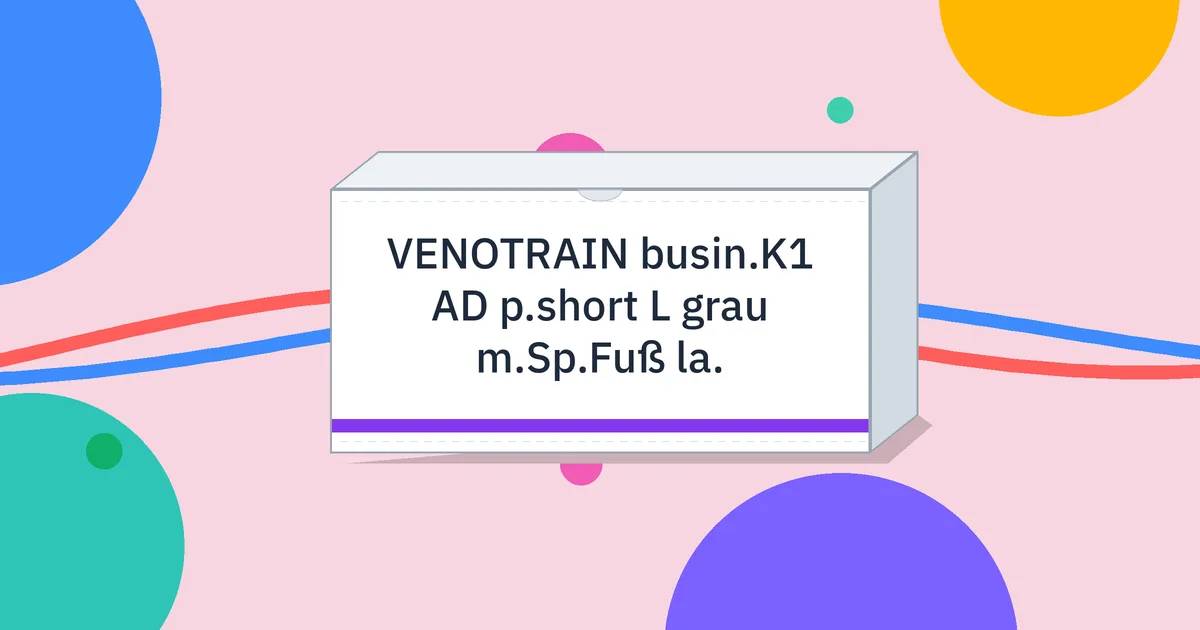 Symbolbild: Packung mit der Aufschrift VENOTRAIN busin.K1 AD p.short L grau m.Sp.Fuß la. (PZN 19056486) – Verfügbarkeit und Bezug in Apotheken in Frankfurt am Main