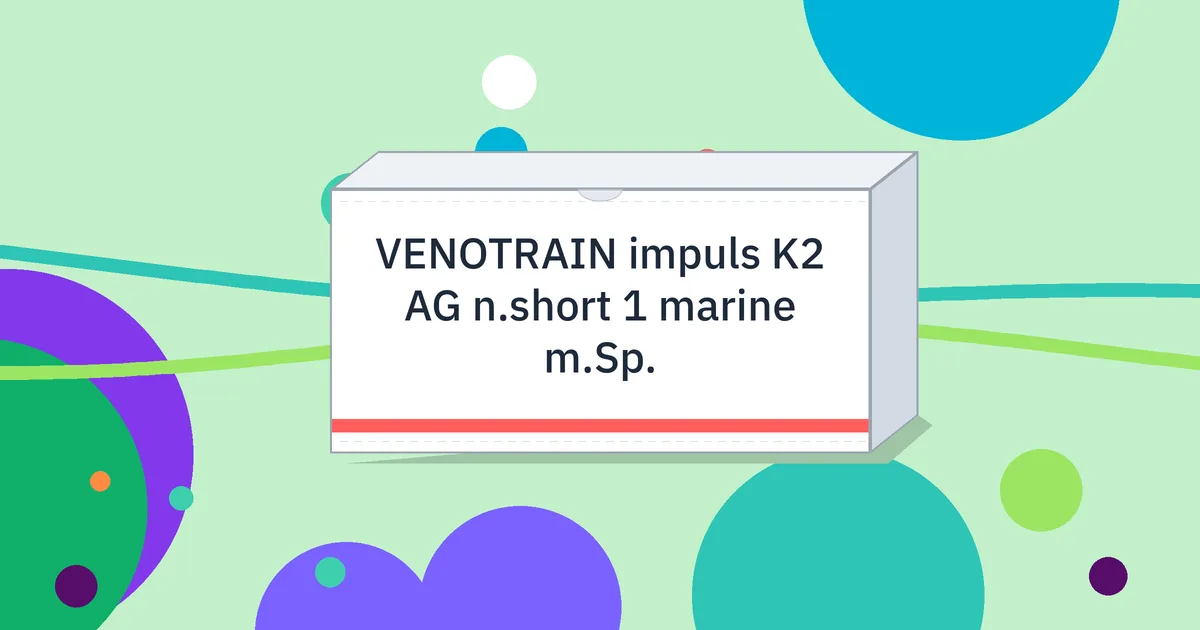 Symbolbild: Packung mit der Aufschrift VENOTRAIN impuls K2 AG n.short 1 marine m.Sp. (PZN 15211665) – Verfügbarkeit und Bezug in Apotheken in Frankfurt am Main