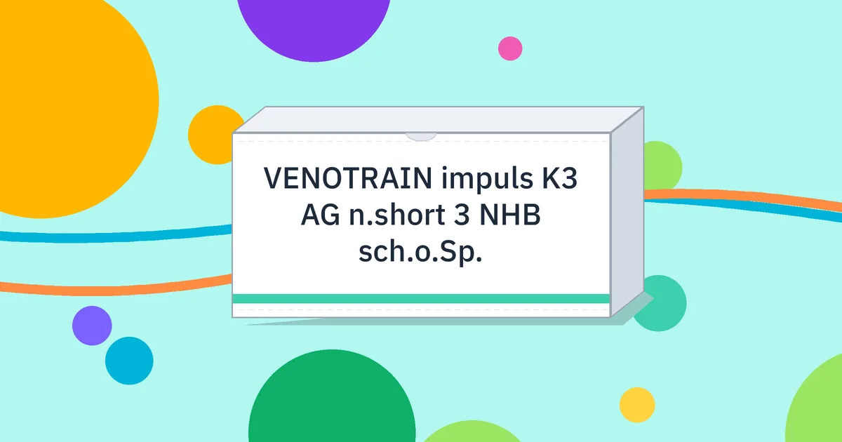 Symbolbild: Packung mit der Aufschrift VENOTRAIN impuls K3 AG n.short 3 NHB sch.o.Sp. (PZN 00538656) – Verfügbarkeit und Bezug in Apotheken in Frankfurt am Main