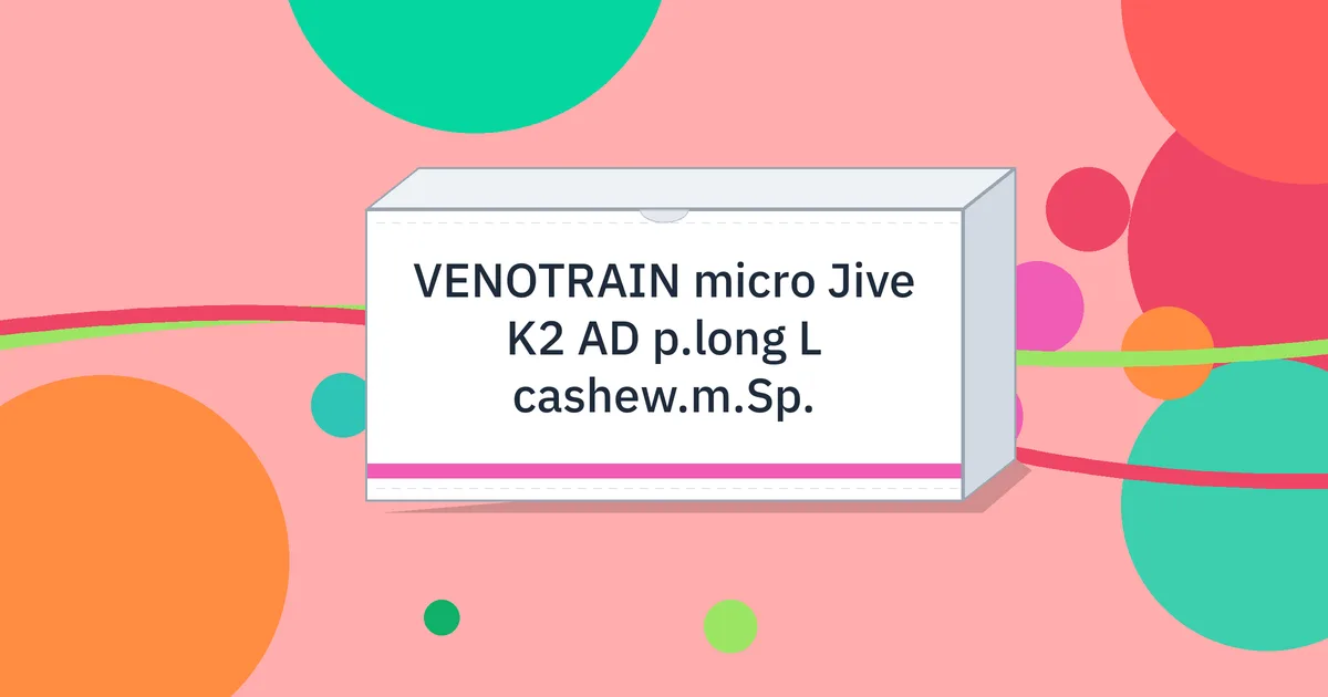 Symbolbild: Packung mit der Aufschrift VENOTRAIN micro Jive K2 AD p.long L cashew.m.Sp. (PZN 20768542) – Verfügbarkeit und Bezug in Apotheken in Frankfurt am Main