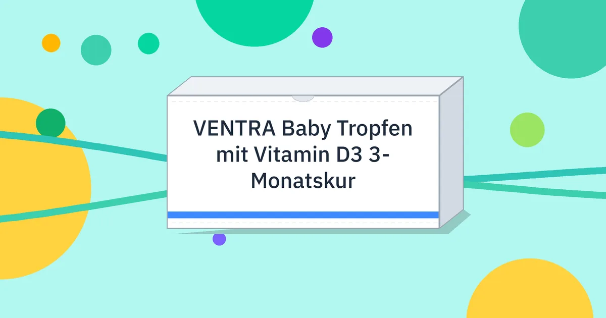Symbolbild: Packung mit der Aufschrift VENTRA Baby Tropfen mit Vitamin D3 3-Monatskur (PZN 19883290) – Verfügbarkeit und Bezug in Apotheken in Frankfurt am Main