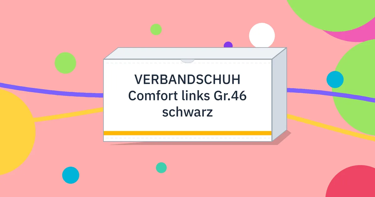 Symbolbild: Packung mit der Aufschrift VERBANDSCHUH Comfort links Gr.46 schwarz (PZN 11015051) – Verfügbarkeit und Bezug in Apotheken in Frankfurt am Main