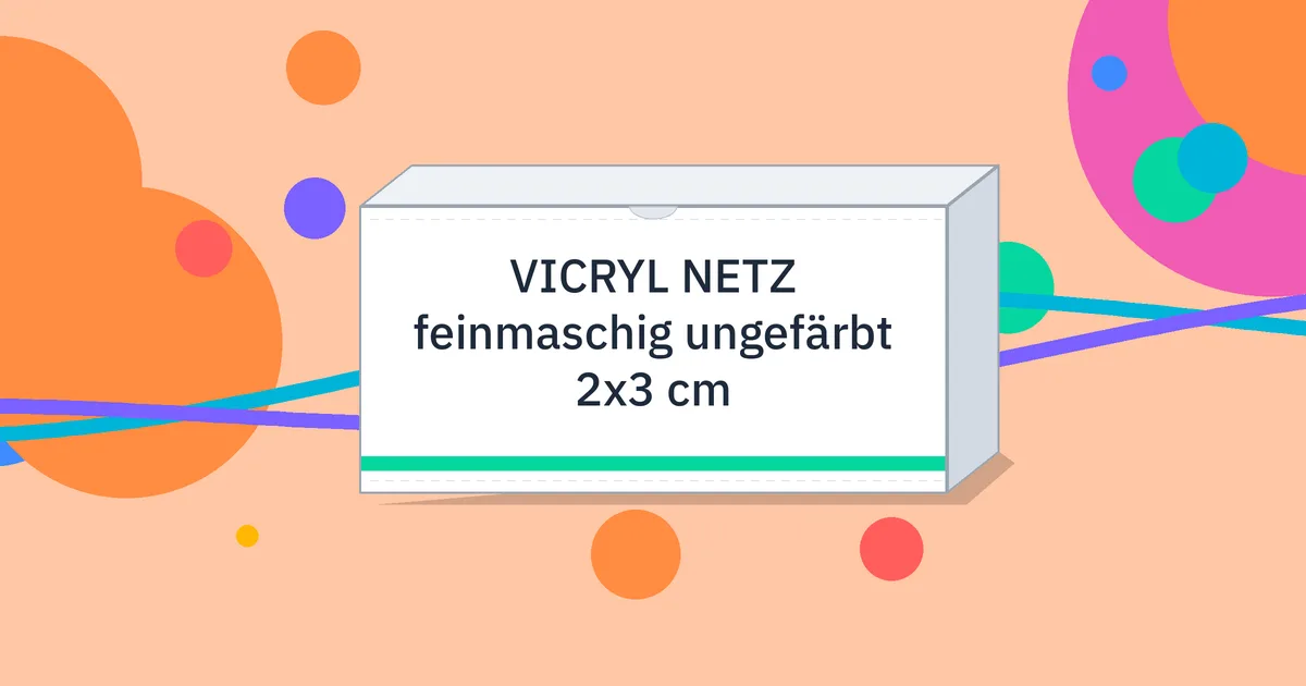 Symbolbild: Packung mit der Aufschrift VICRYL NETZ feinmaschig ungefärbt 2x3 cm (PZN 20897699) – Verfügbarkeit und Bezug in Apotheken in Frankfurt am Main