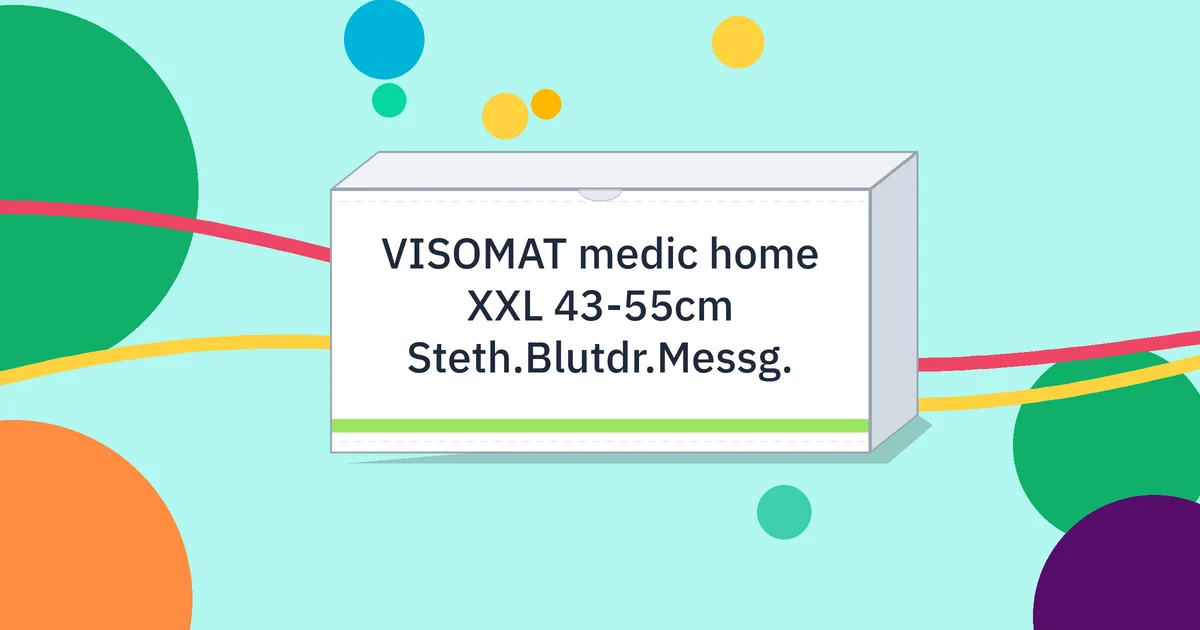 Symbolbild: Packung mit der Aufschrift VISOMAT medic home XXL 43-55cm Steth.Blutdr.Messg. (PZN 11137340) – Verfügbarkeit und Bezug in Apotheken in Frankfurt am Main