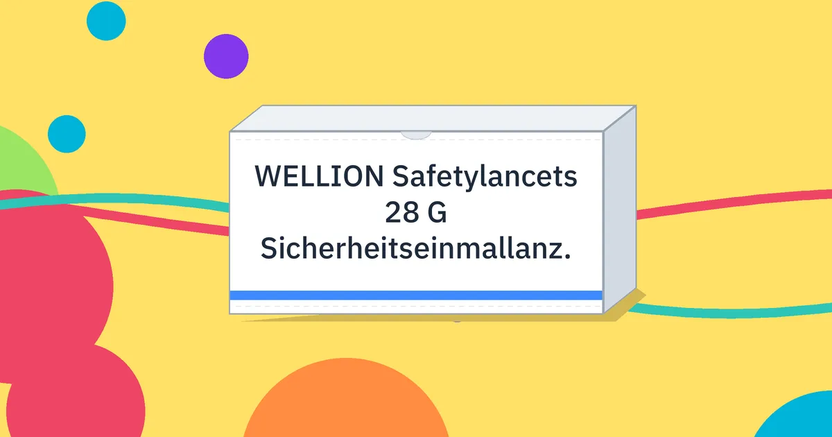 Symbolbild: Packung mit der Aufschrift WELLION Safetylancets 28 G Sicherheitseinmallanz. (PZN 20740584) – Verfügbarkeit und Bezug in Apotheken in Frankfurt am Main
