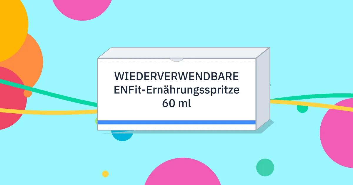 Symbolbild: Packung mit der Aufschrift WIEDERVERWENDBARE ENFit-Ernährungsspritze 60 ml (PZN 19997102) – Verfügbarkeit und Bezug in Apotheken in Frankfurt am Main