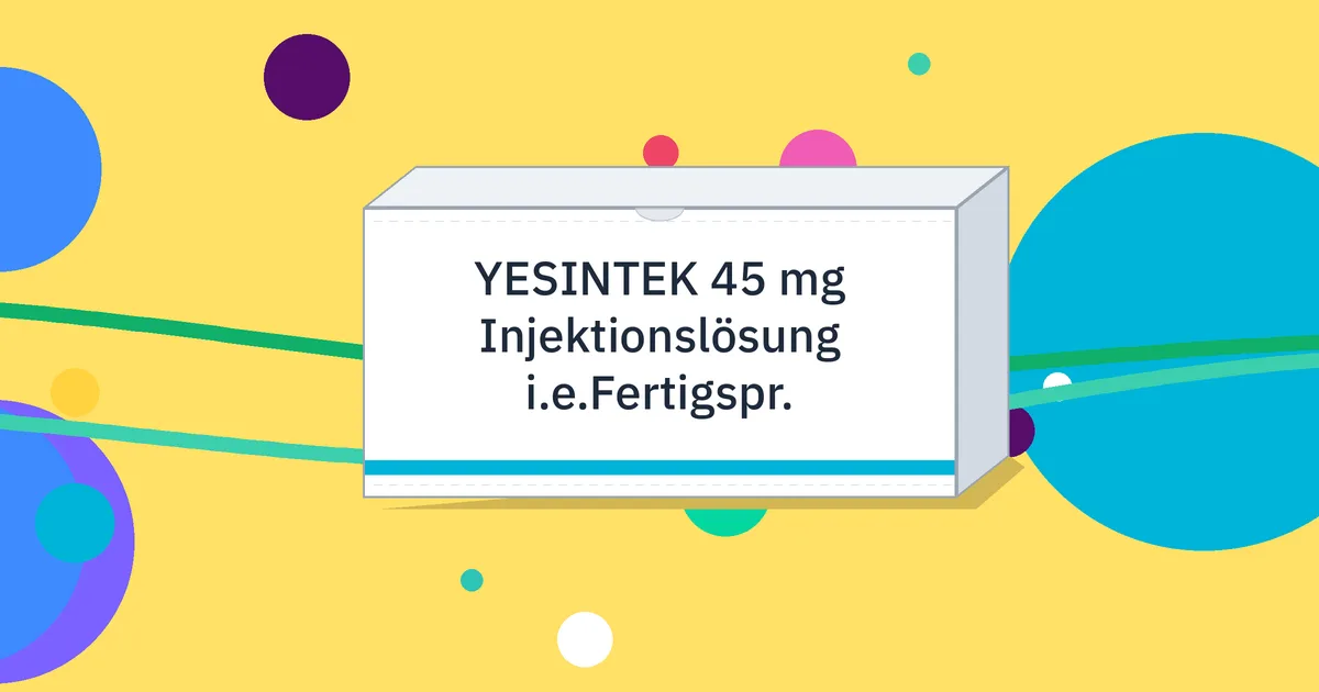 Symbolbild: Packung mit der Aufschrift YESINTEK 45 mg Injektionslösung i.e.Fertigspr. (PZN 20056014) – Verfügbarkeit und Bezug in Apotheken in Frankfurt am Main