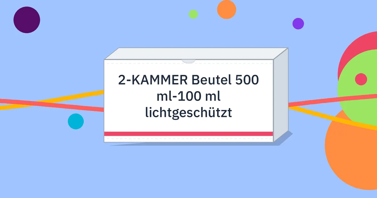 Symbolbild: Packung mit der Aufschrift 2-KAMMER Beutel 500 ml-100 ml lichtgeschützt (PZN 17620439) – Verfügbarkeit und Bezug in Apotheken in Frankfurt am Main