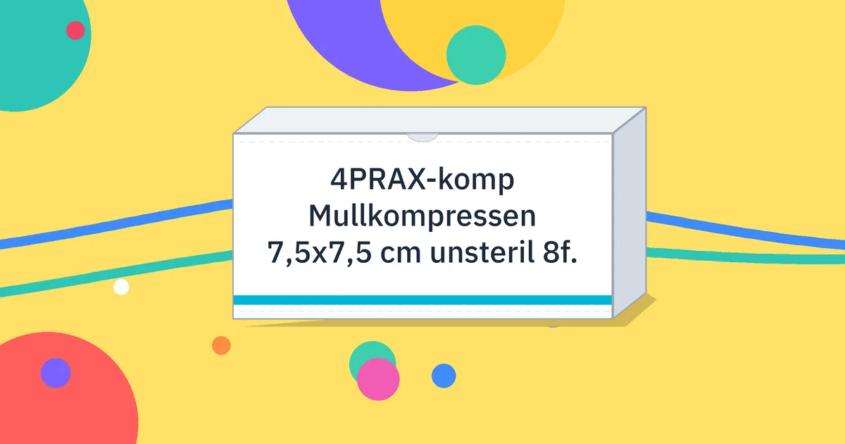 Symbolbild: Packung mit der Aufschrift 4PRAX-komp Mullkompressen 7,5x7,5 cm unsteril 8f. (PZN 20229673) – Verfügbarkeit und Bezug in Apotheken in Frankfurt am Main