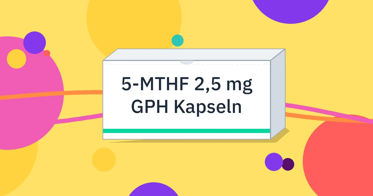 Symbolbild: Packung mit der Aufschrift 5-MTHF 2,5 mg GPH Kapseln (PZN 20051293) – Verfügbarkeit und Bezug in Apotheken in Frankfurt am Main