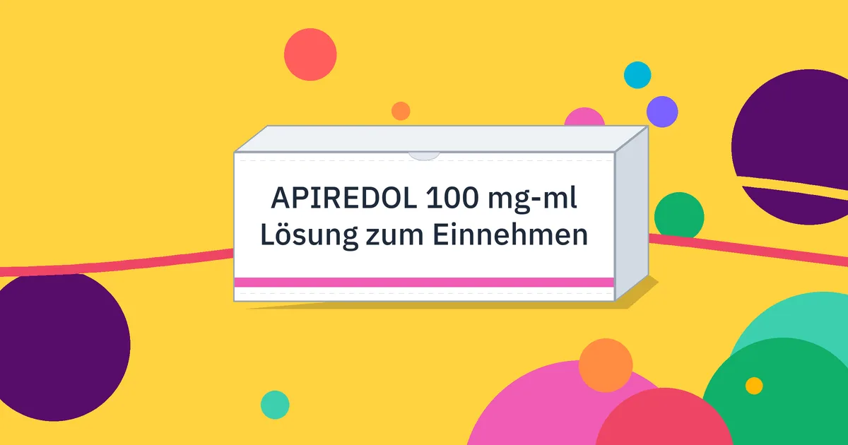 Symbolbild: Packung mit der Aufschrift APIREDOL 100 mg-ml Lösung zum Einnehmen (PZN 09882183) – Verfügbarkeit und Bezug in Apotheken in Frankfurt am Main