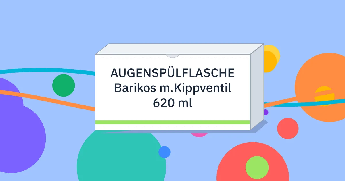 Symbolbild: Packung mit der Aufschrift AUGENSPÜLFLASCHE Barikos m.Kippventil 620 ml (PZN 16911560) – Verfügbarkeit und Bezug in Apotheken in Frankfurt am Main