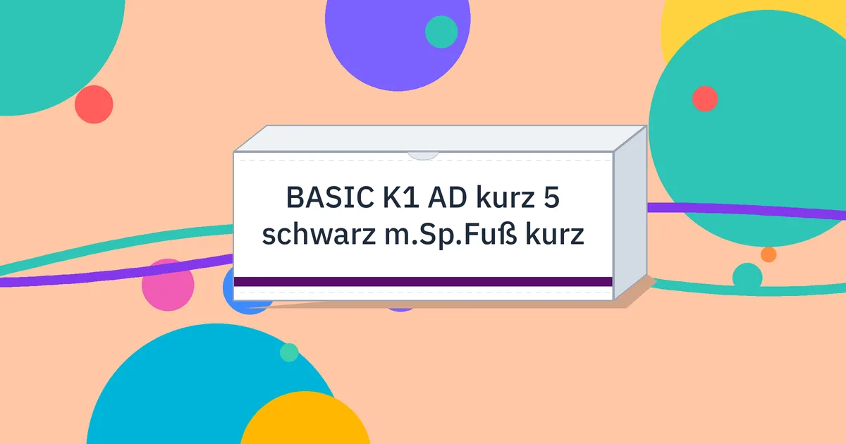 Symbolbild: Packung mit der Aufschrift BASIC K1 AD kurz 5 schwarz m.Sp.Fuß kurz (PZN 20258657) – Verfügbarkeit und Bezug in Apotheken in Frankfurt am Main