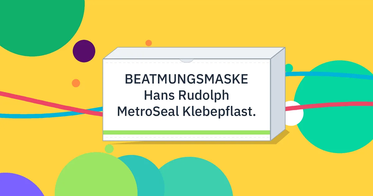 Symbolbild: Packung mit der Aufschrift BEATMUNGSMASKE Hans Rudolph MetroSeal Klebepflast. (PZN 17304112) – Verfügbarkeit und Bezug in Apotheken in Frankfurt am Main