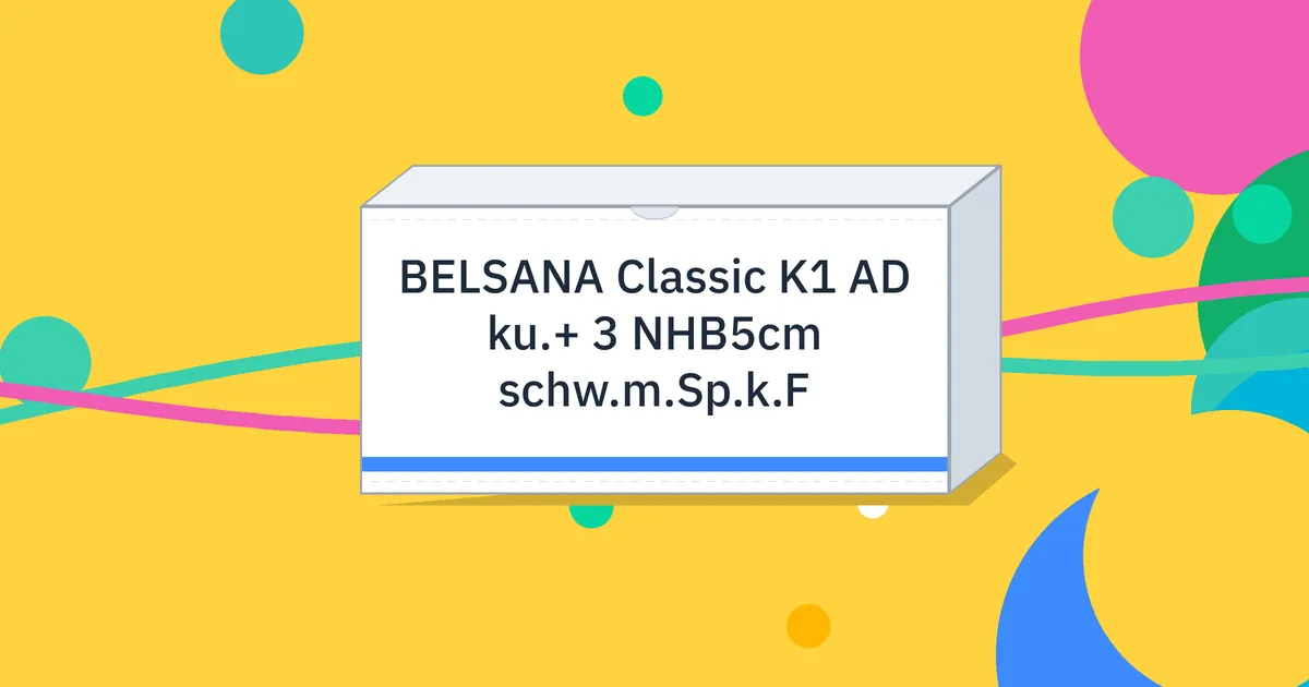 Symbolbild: Packung mit der Aufschrift BELSANA Classic K1 AD ku.+ 3 NHB5cm schw.m.Sp.k.F (PZN 19255375) – Verfügbarkeit und Bezug in Apotheken in Frankfurt am Main