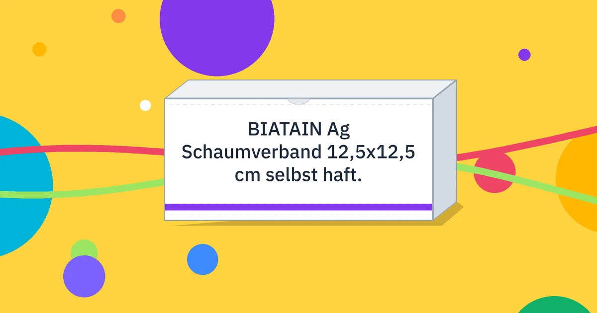 Symbolbild: Packung mit der Aufschrift BIATAIN Ag Schaumverband 12,5x12,5 cm selbst haft. (PZN 01848175) – Verfügbarkeit und Bezug in Apotheken in Frankfurt am Main