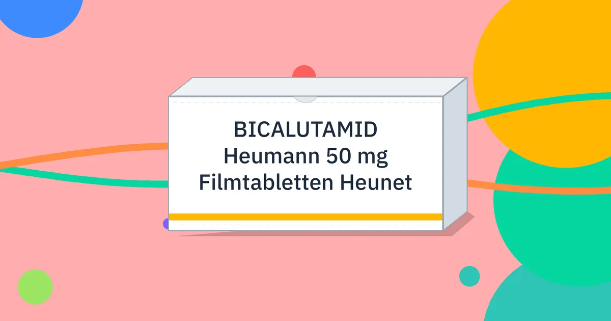 Symbolbild: Packung mit der Aufschrift BICALUTAMID Heumann 50 mg Filmtabletten Heunet (PZN 15023372) – Verfügbarkeit und Bezug in Apotheken in Frankfurt am Main