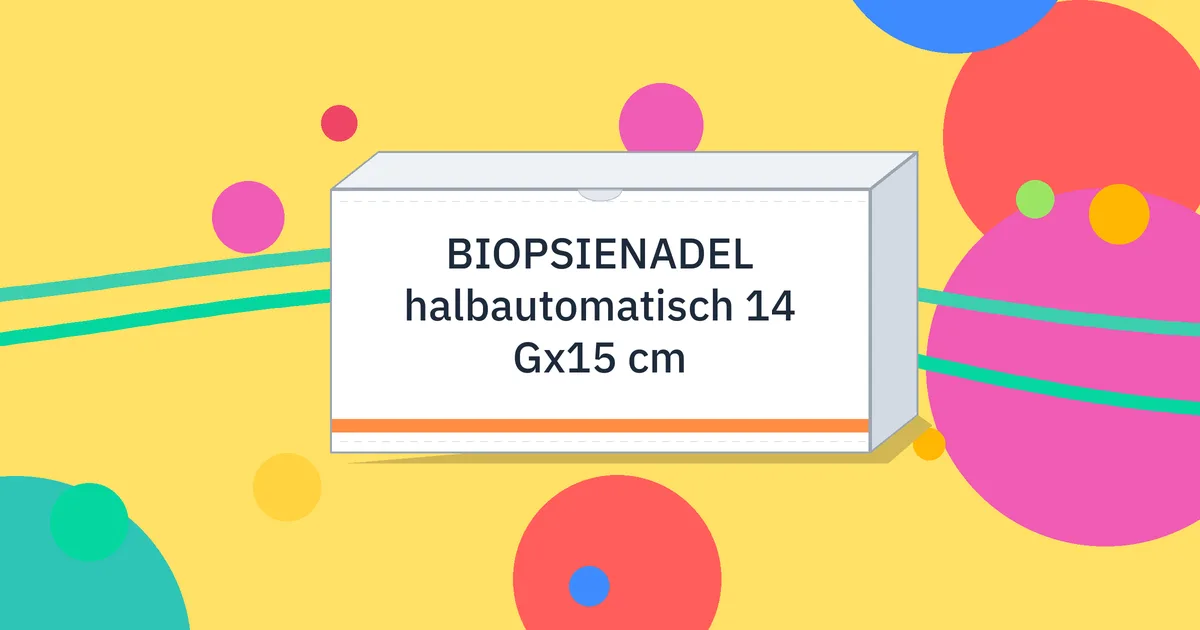Symbolbild: Packung mit der Aufschrift BIOPSIENADEL halbautomatisch 14 Gx15 cm (PZN 19529393) – Verfügbarkeit und Bezug in Apotheken in Frankfurt am Main