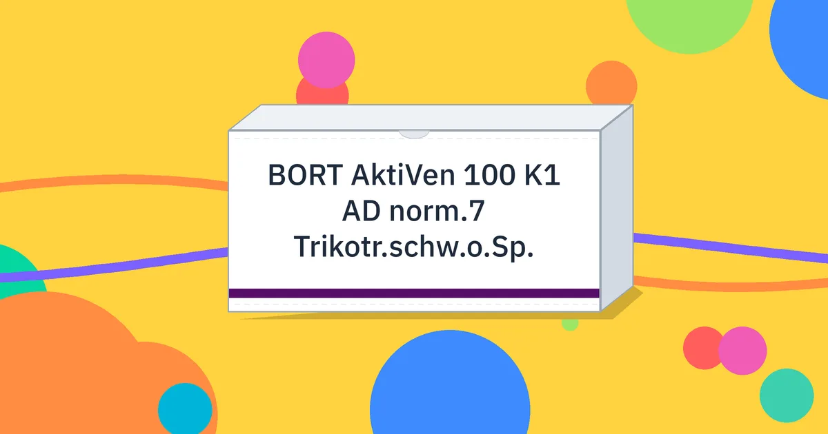 Symbolbild: Packung mit der Aufschrift BORT AktiVen 100 K1 AD norm.7 Trikotr.schw.o.Sp. (PZN 14386925) – Verfügbarkeit und Bezug in Apotheken in Frankfurt am Main