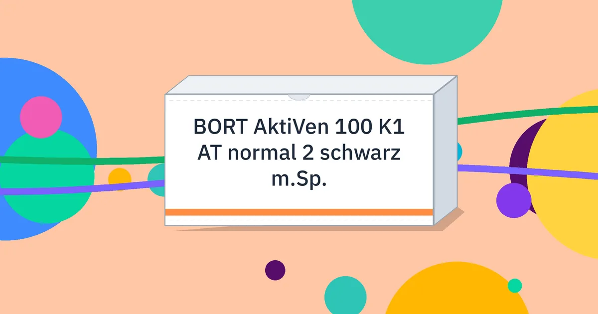 Symbolbild: Packung mit der Aufschrift BORT AktiVen 100 K1 AT normal 2 schwarz m.Sp. (PZN 14389065) – Verfügbarkeit und Bezug in Apotheken in Frankfurt am Main