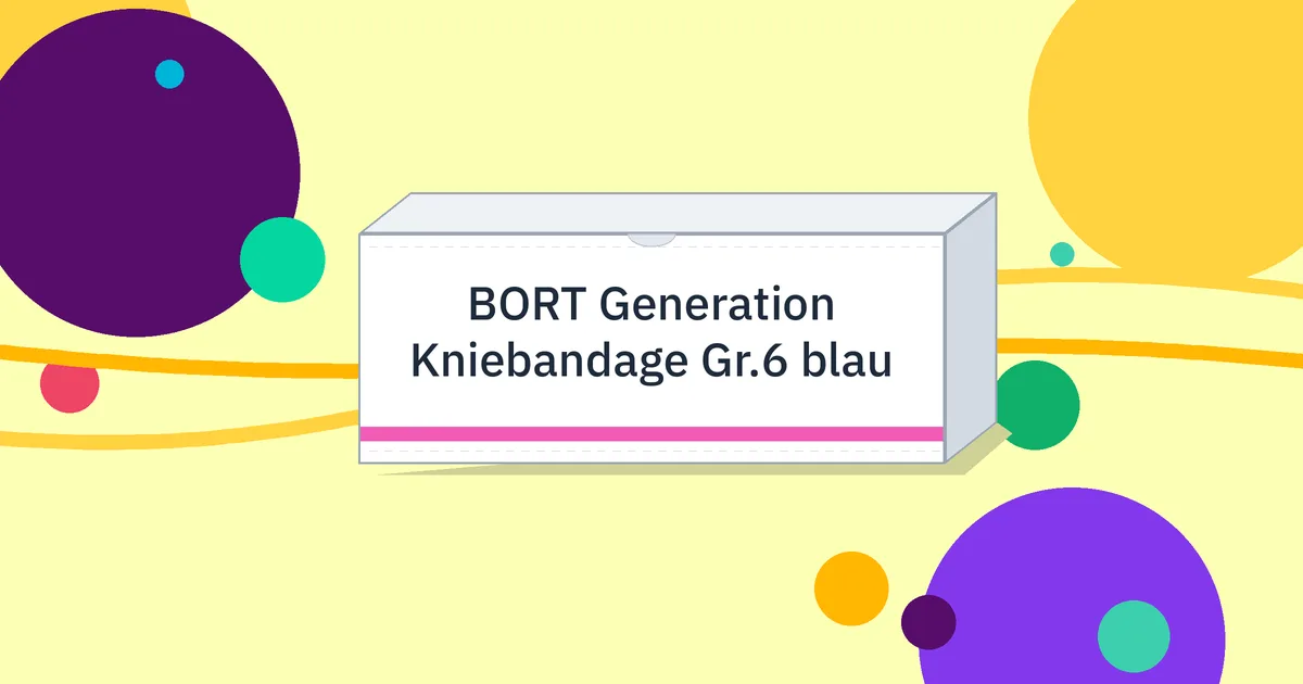 Symbolbild: Packung mit der Aufschrift BORT Generation Kniebandage Gr.6 blau (PZN 16317526) – Verfügbarkeit und Bezug in Apotheken in Frankfurt am Main