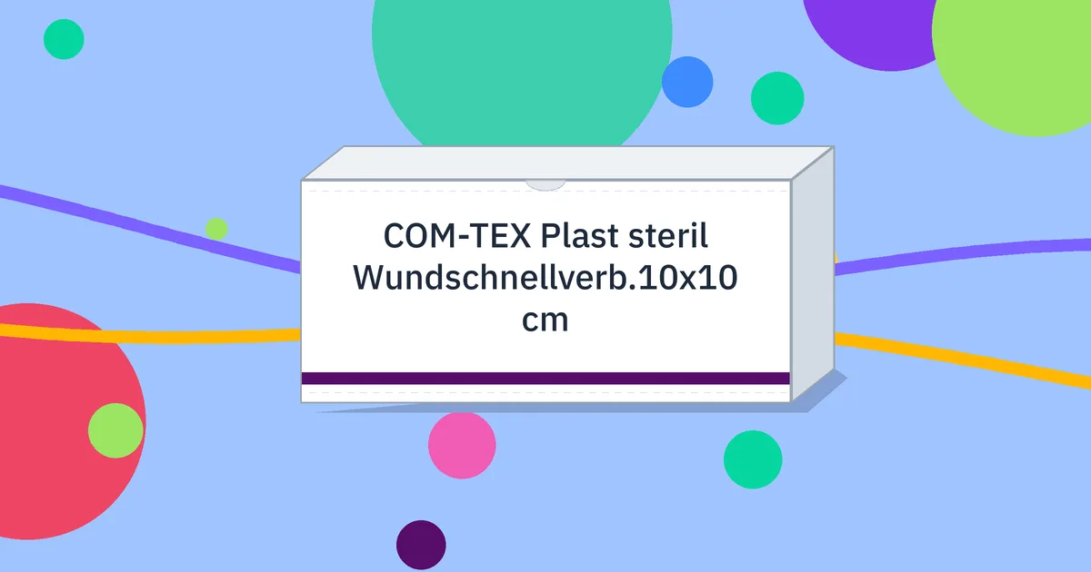 Symbolbild: Packung mit der Aufschrift COM-TEX Plast steril Wundschnellverb.10x10 cm (PZN 04939783) – Verfügbarkeit und Bezug in Apotheken in Frankfurt am Main
