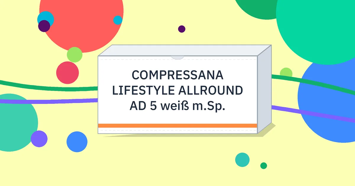 Symbolbild: Packung mit der Aufschrift COMPRESSANA LIFESTYLE ALLROUND AD 5 weiß m.Sp. (PZN 18367333) – Verfügbarkeit und Bezug in Apotheken in Frankfurt am Main