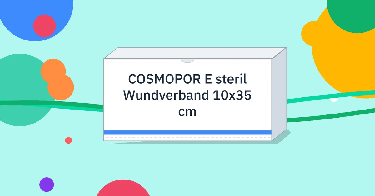Symbolbild: Packung mit der Aufschrift COSMOPOR E steril Wundverband 10x35 cm (PZN 19526176) – Verfügbarkeit und Bezug in Apotheken in Frankfurt am Main