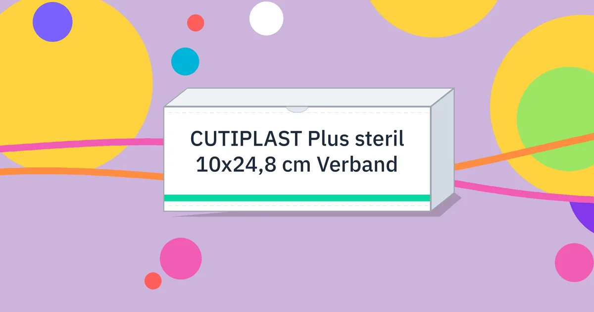 Symbolbild: Packung mit der Aufschrift CUTIPLAST Plus steril 10x24,8 cm Verband (PZN 10046167) – Verfügbarkeit und Bezug in Apotheken in Frankfurt am Main