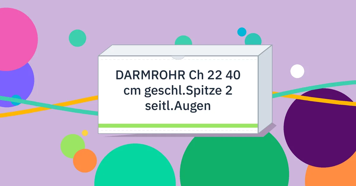 Symbolbild: Packung mit der Aufschrift DARMROHR Ch 22 40 cm geschl.Spitze 2 seitl.Augen (PZN 09091984) – Verfügbarkeit und Bezug in Apotheken in Frankfurt am Main