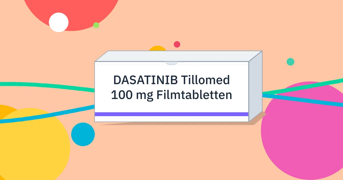 Symbolbild: Packung mit der Aufschrift DASATINIB Tillomed 100 mg Filmtabletten (PZN 16818501) – Verfügbarkeit und Bezug in Apotheken in Frankfurt am Main