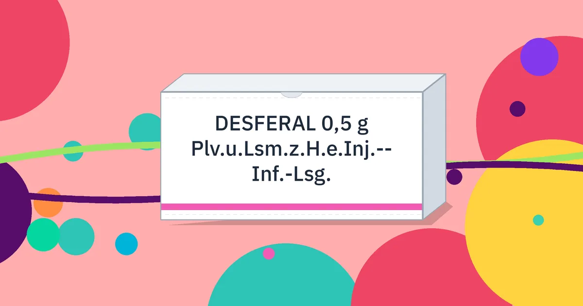 Symbolbild: Packung mit der Aufschrift DESFERAL 0,5 g Plv.u.Lsm.z.H.e.Inj.--Inf.-Lsg. (PZN 02497772) – Verfügbarkeit und Bezug in Apotheken in Frankfurt am Main