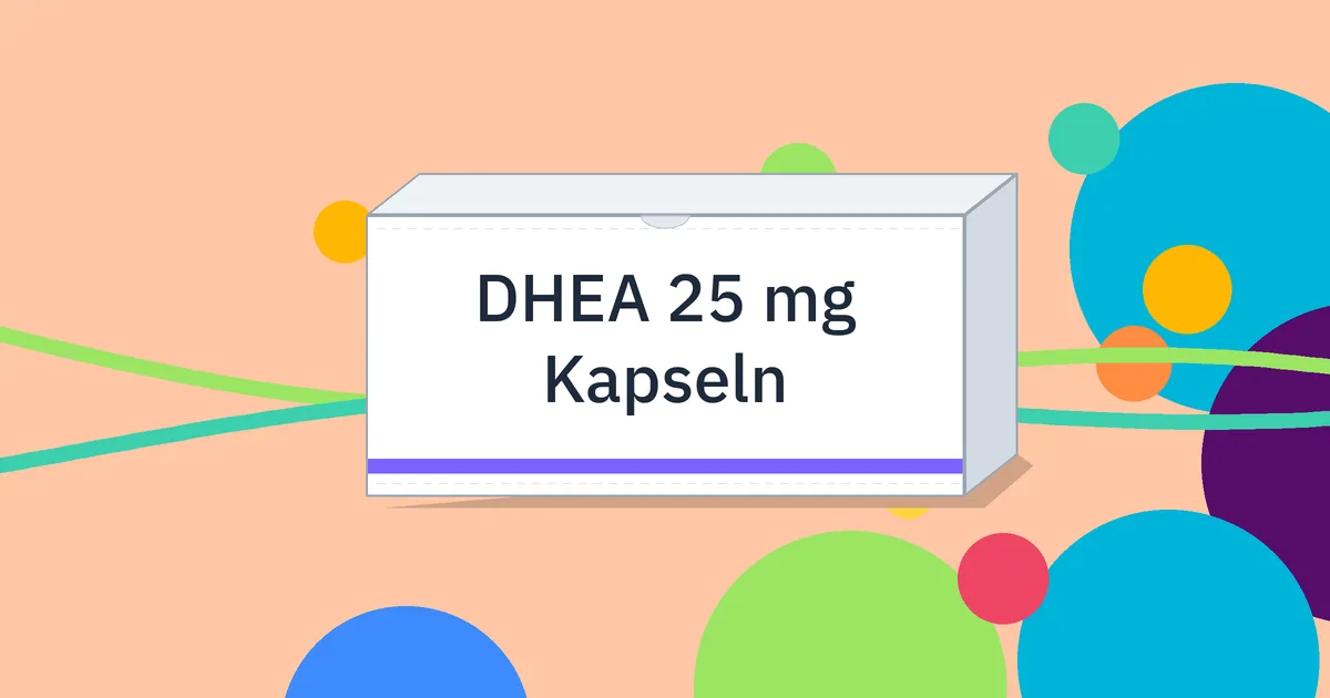 Symbolbild: Packung mit der Aufschrift DHEA 25 mg Kapseln (PZN 18907114) – Verfügbarkeit und Bezug in Apotheken in Frankfurt am Main