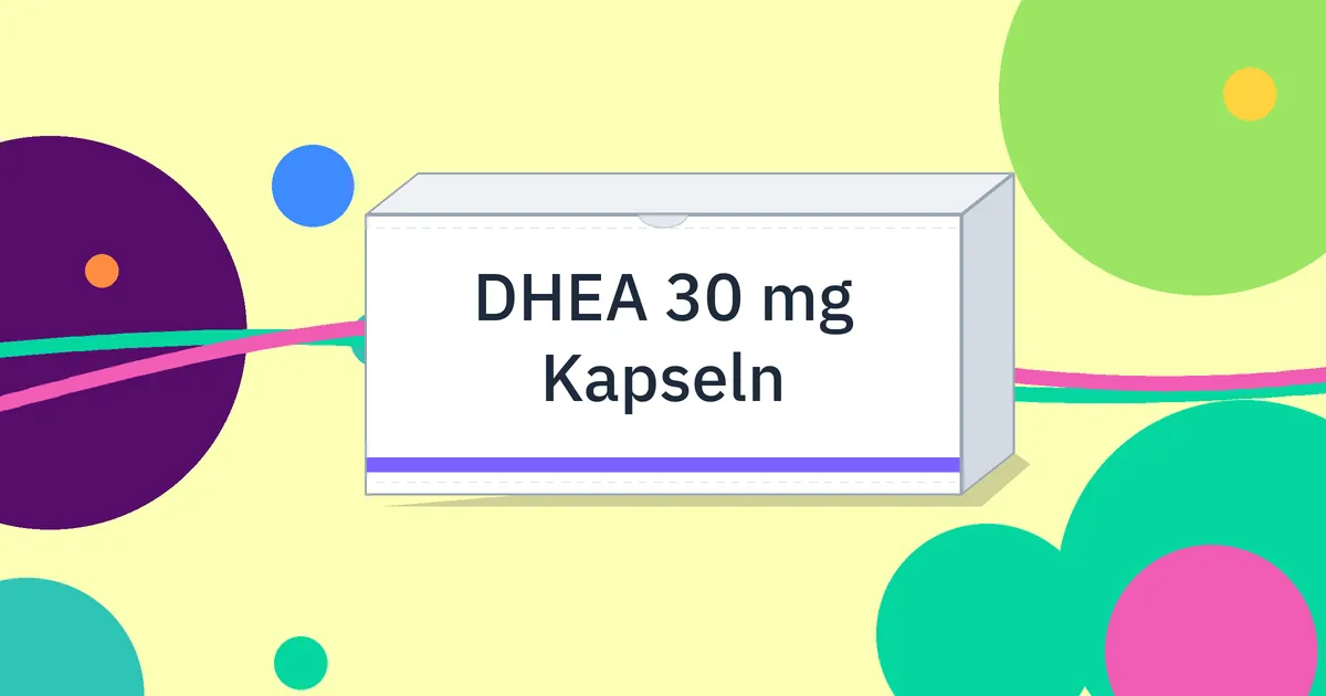 Symbolbild: Packung mit der Aufschrift DHEA 30 mg Kapseln (PZN 18682715) – Verfügbarkeit und Bezug in Apotheken in Frankfurt am Main